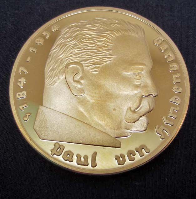 14419 - GERMANY 24 K GOLD PLATED NAZI 1938 PAUL VON HINDENBURG COIN ...