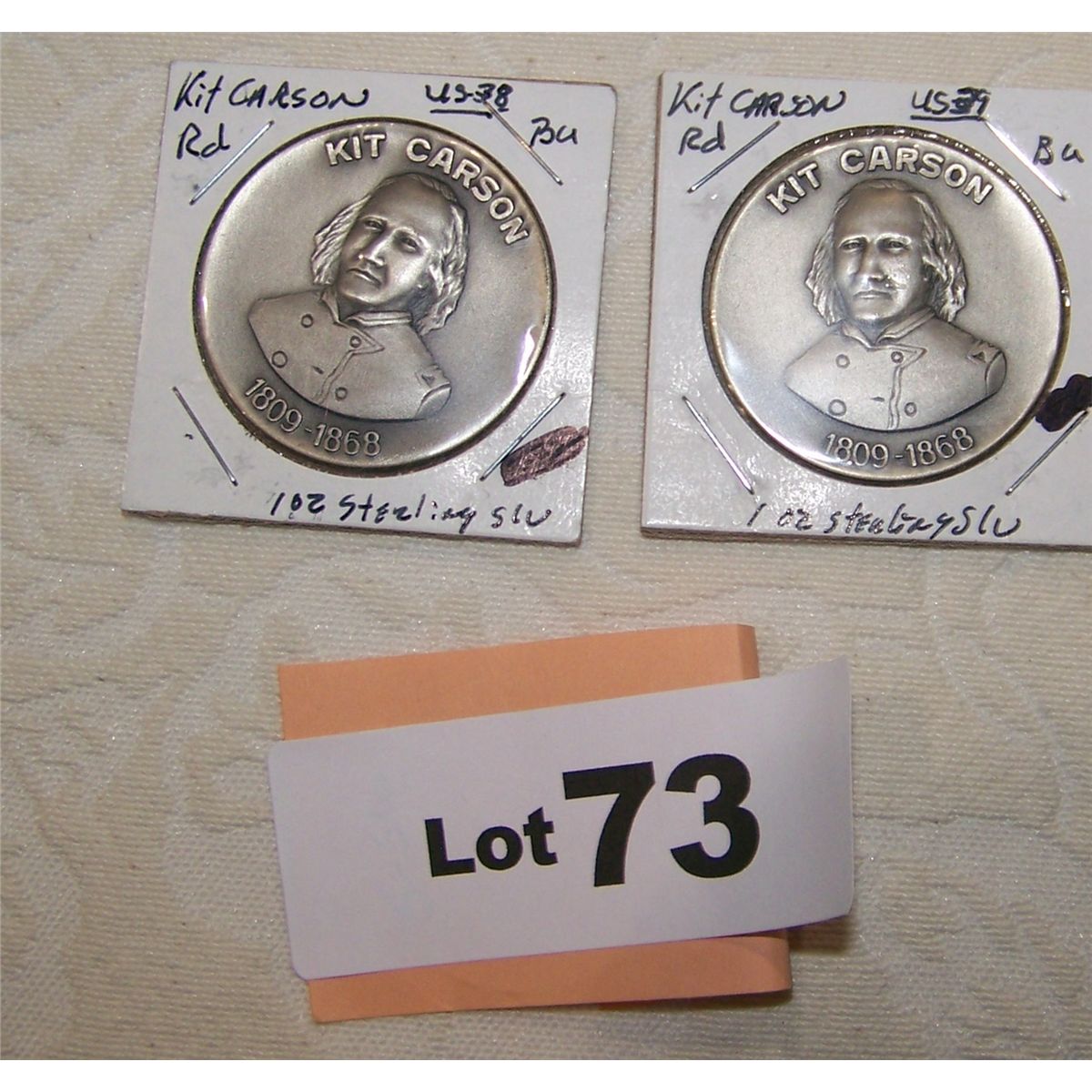 (2X$) 2RARE KIT CARSON COMMEMORATIVE 1 OZ STERLING SILVER, TAOS, NEW MEXICO