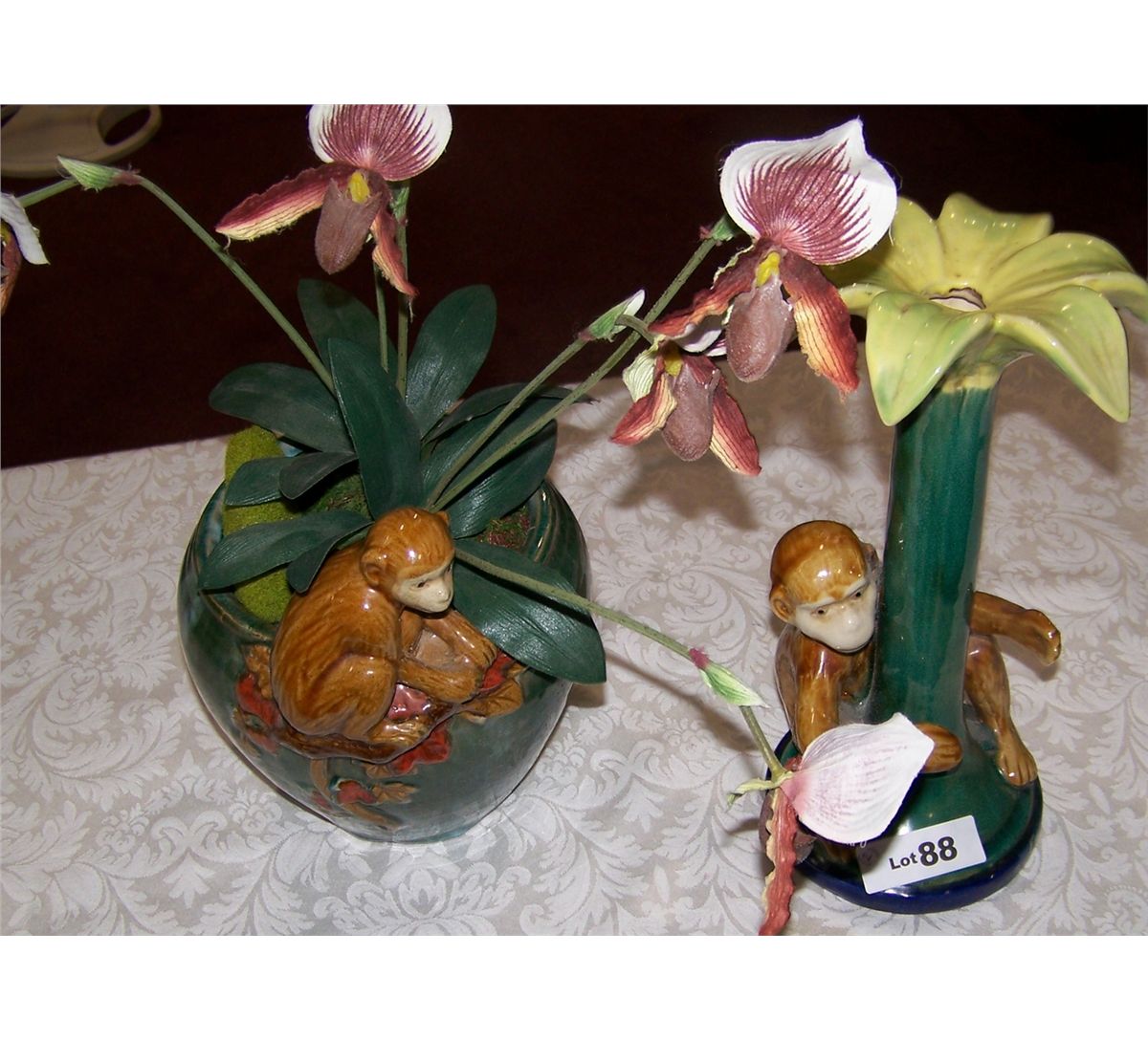 (2) PIECE HAND PAINTED CERAMIC MONKEY FLOWER POT & VASE