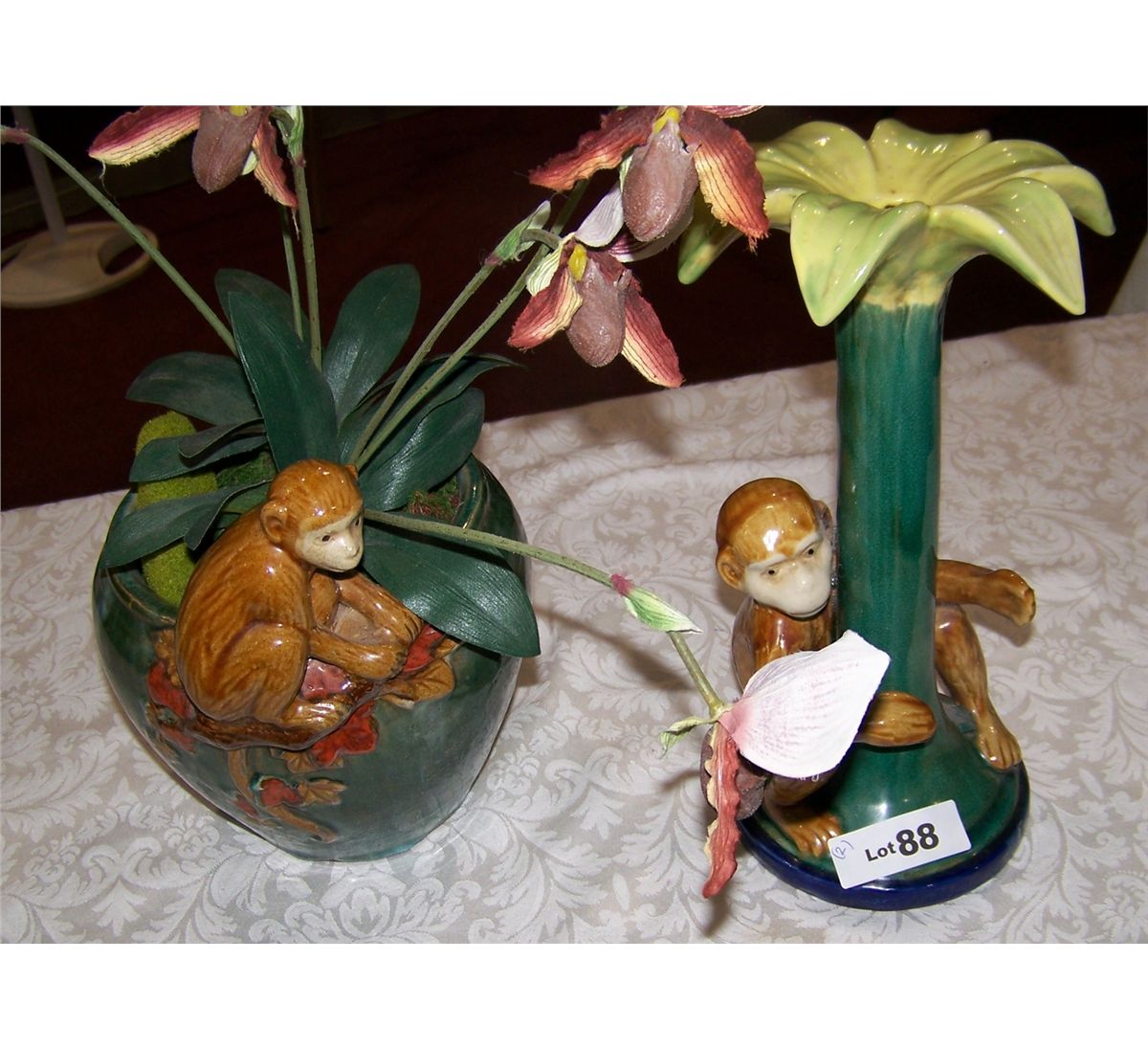 (2) PIECE HAND PAINTED CERAMIC MONKEY FLOWER POT & VASE