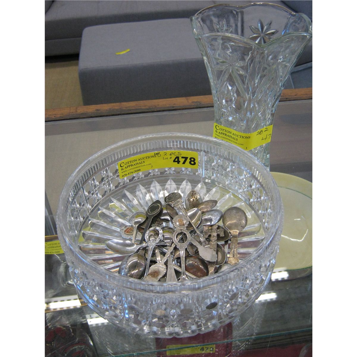 Glass flower vase, bowl and souvenir spoons