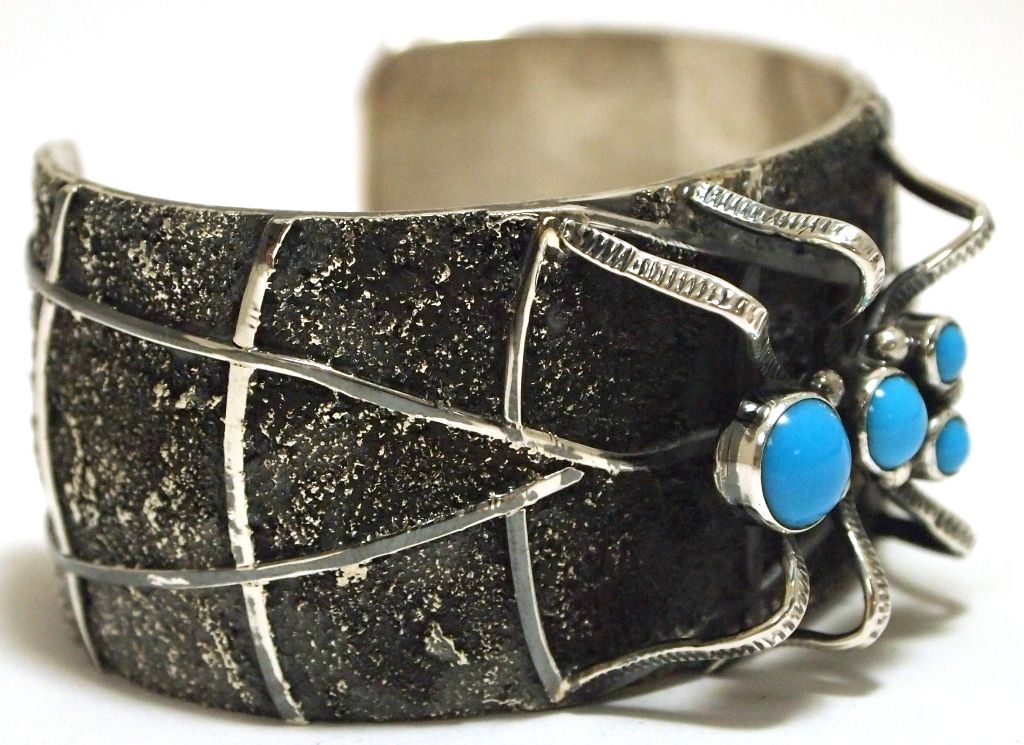 Navajo Turquoise Sterling Silver Spider & Web Cuff Bracelet - Darren ...