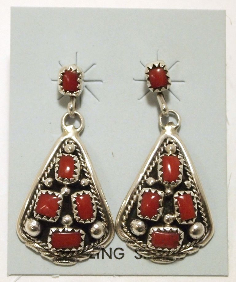 Navajo Coral Sterling Silver Curved Post Earrings - Melvin Chee