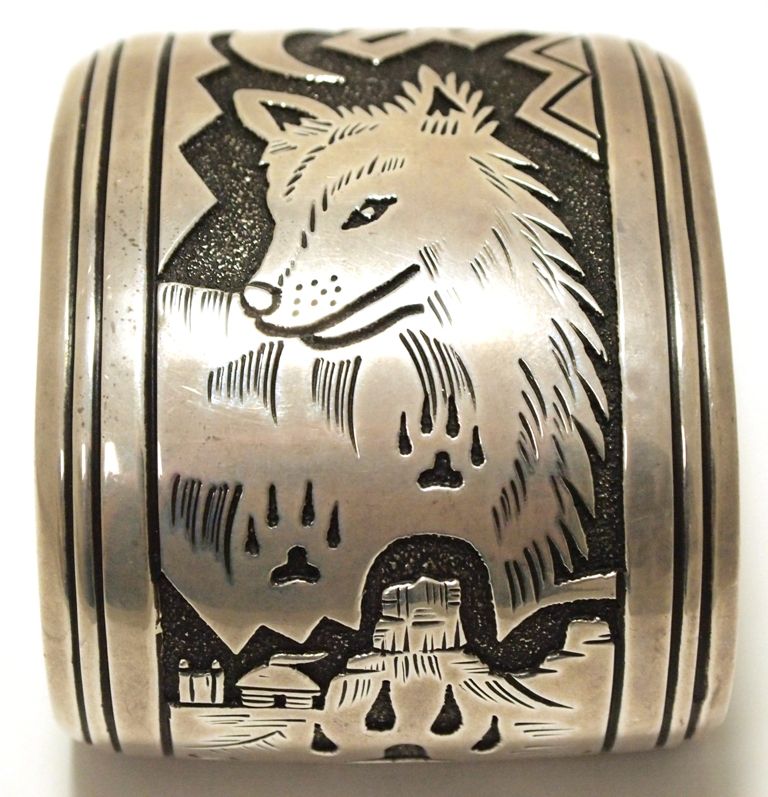Vintage Old Pawn Navajo Sterling Silver Wolf LARGE Cuff Bracelet ...