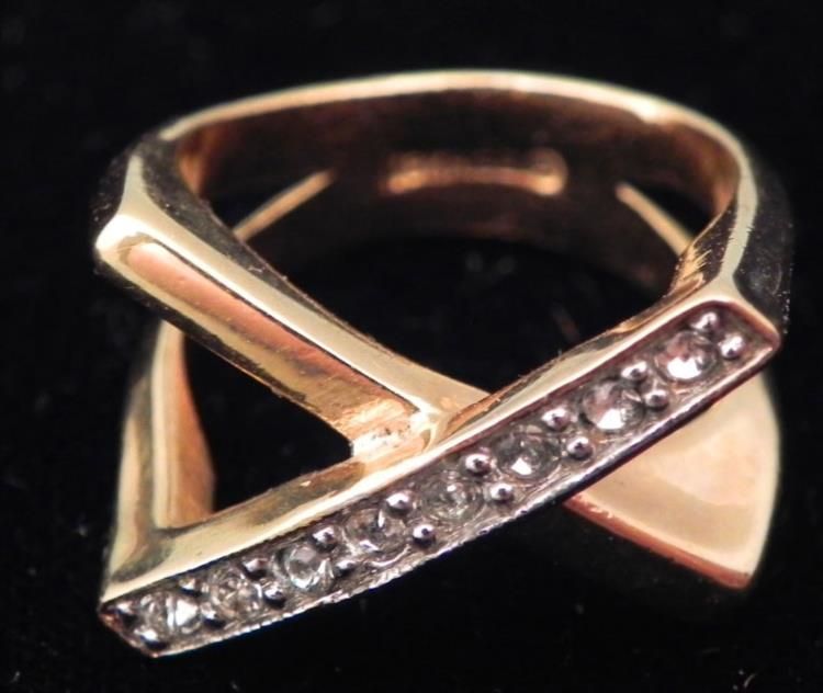 Heavy Gold Electroplate & Diamond Modern X Cross Ring