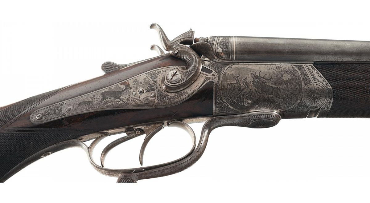 Engraved and Gold Inlaid German Double Rifle Shotgun Drilling Hammer Gun