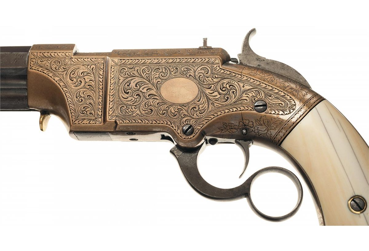 Finely Engraved, Silver-Plated, Volcanic Lever-Action Navy Pistol with ...