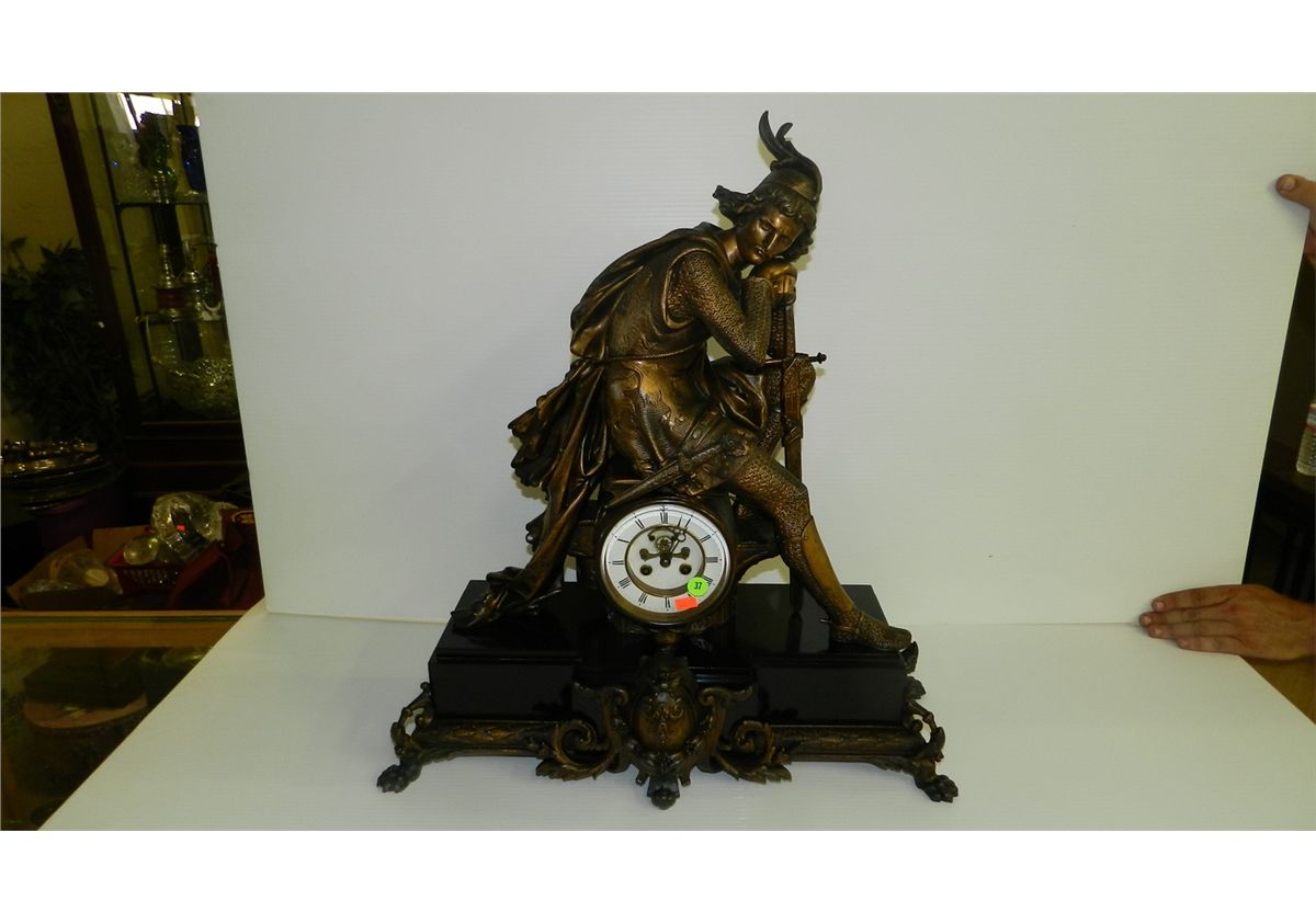 antique bronze? clock with knight kneeling with sword on marble base ...
