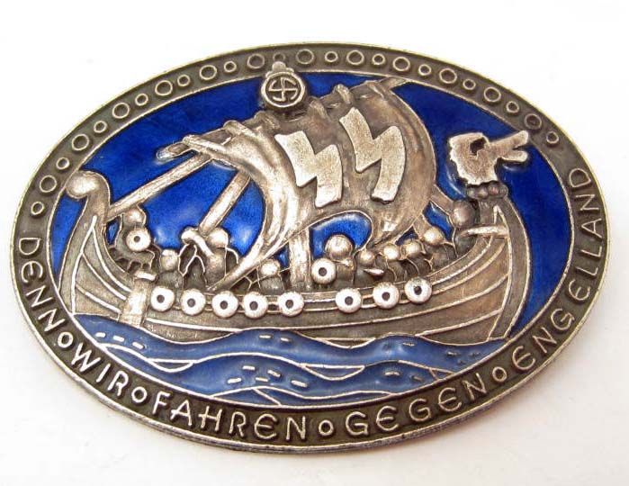 GERMAN NAZI VICTORY IN ENGLAND SS VIKING SHIP BADGE - PINBACK