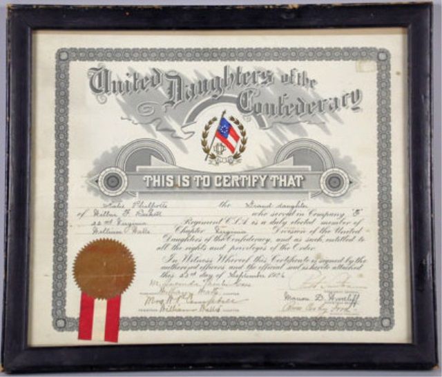 United Daughters of the Confederacy Certificate