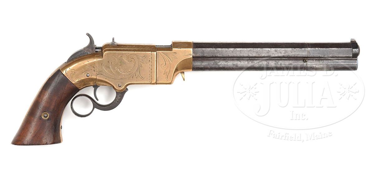 ENGRAVED VOLCANIC ARMS NAVY-SIZED LEVER ACTION PISTOL.