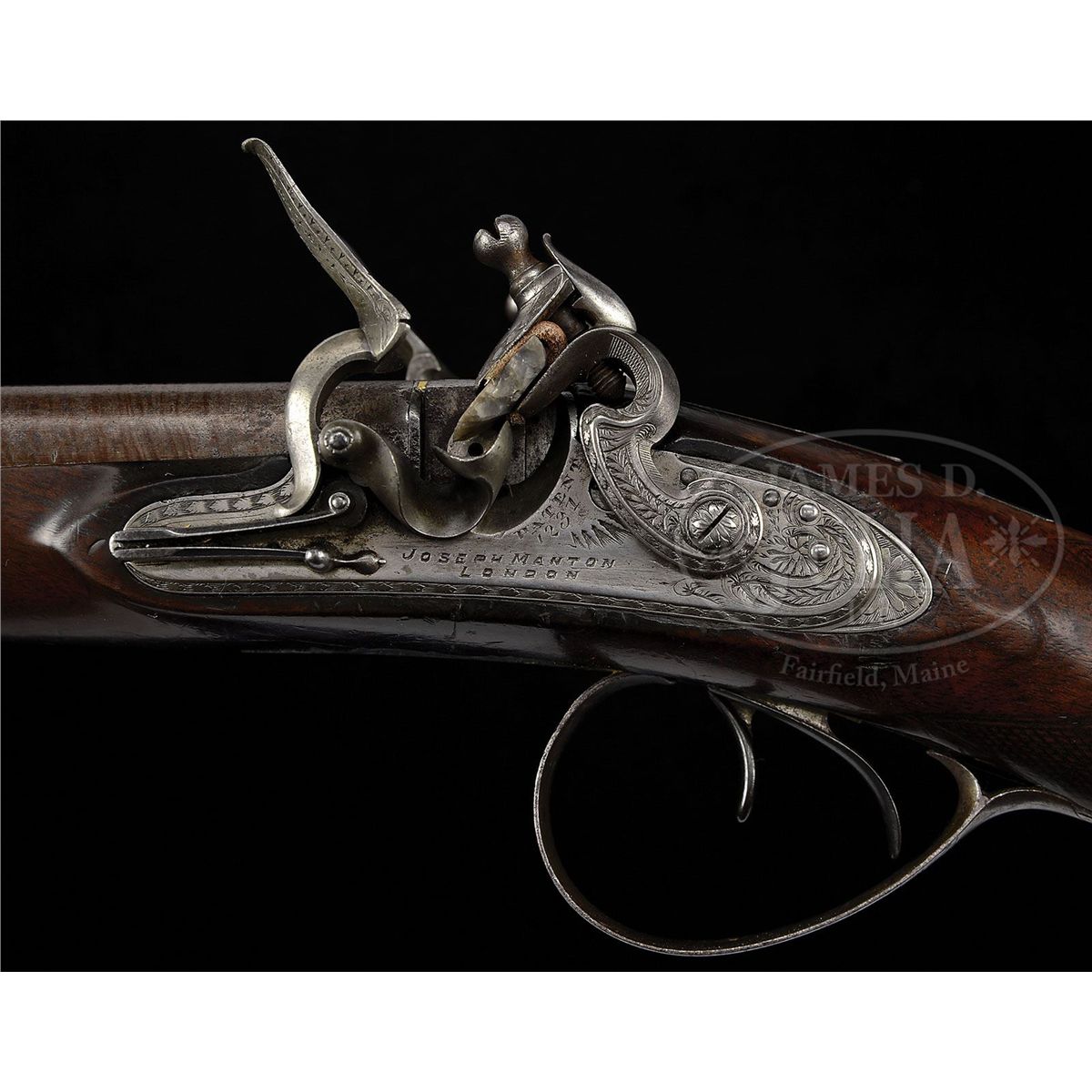 JOSEPH MANTON 18 BORE DOUBLE FLINTLOCK GAME GUN WITH CASE.