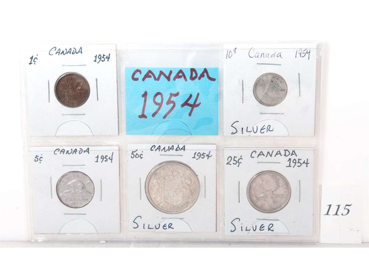 1954 Royal canadian mint coins; 50 cent, 25cent
