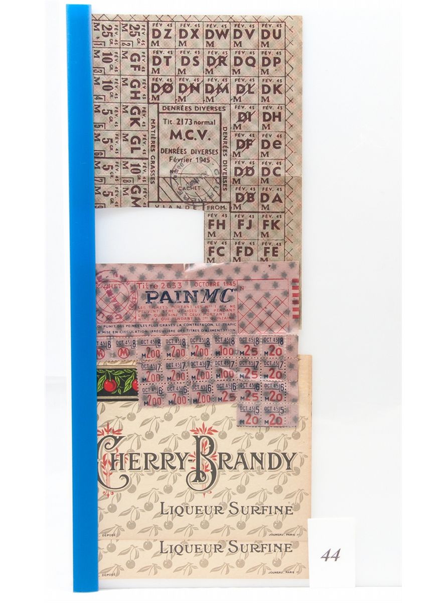 Antique french brandy labels & 2 WW2 ration cards
