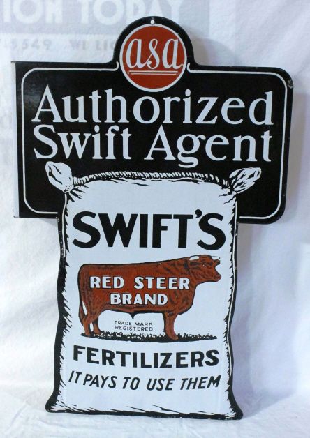 Swifts Red Steer Brand Fertilizer Flanged Sign