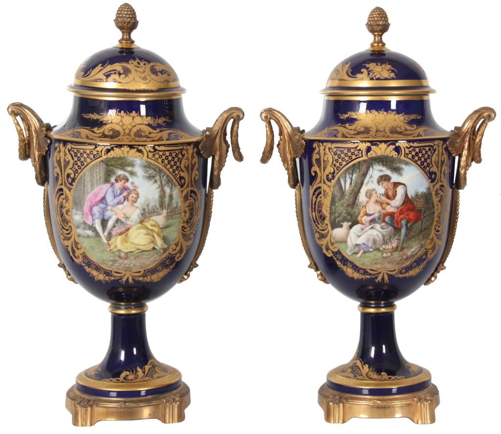 Pr. Bronze Mounted Limoges Cobalt Urns