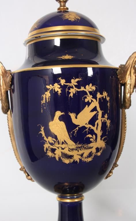 Pr. Bronze Mounted Limoges Cobalt Urns