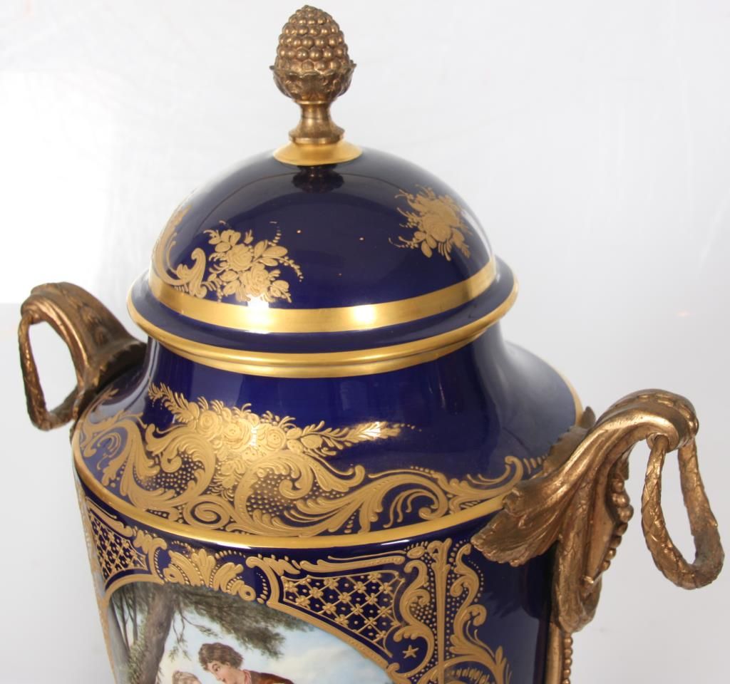 Pr. Bronze Mounted Limoges Cobalt Urns