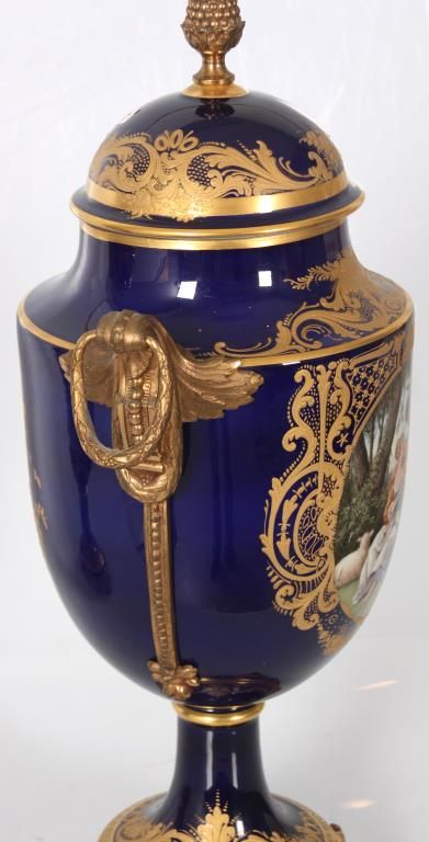 Pr. Bronze Mounted Limoges Cobalt Urns
