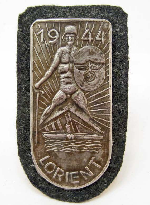 GERMAN NAZI LORIENT SHIELD W/ GREEN WOOL & PAPER BACKING