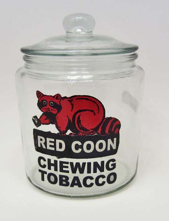 7578 - NEW RED COON CHEWING TOBACCO GLASS COUNTER JAR - 6"