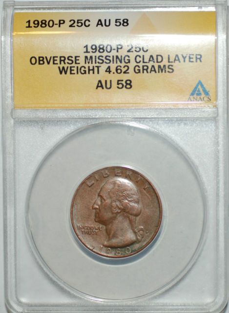 1980 P ANACS AU 58 MISSING CLAD LAYER ERROR WASHINGTON QUARTER