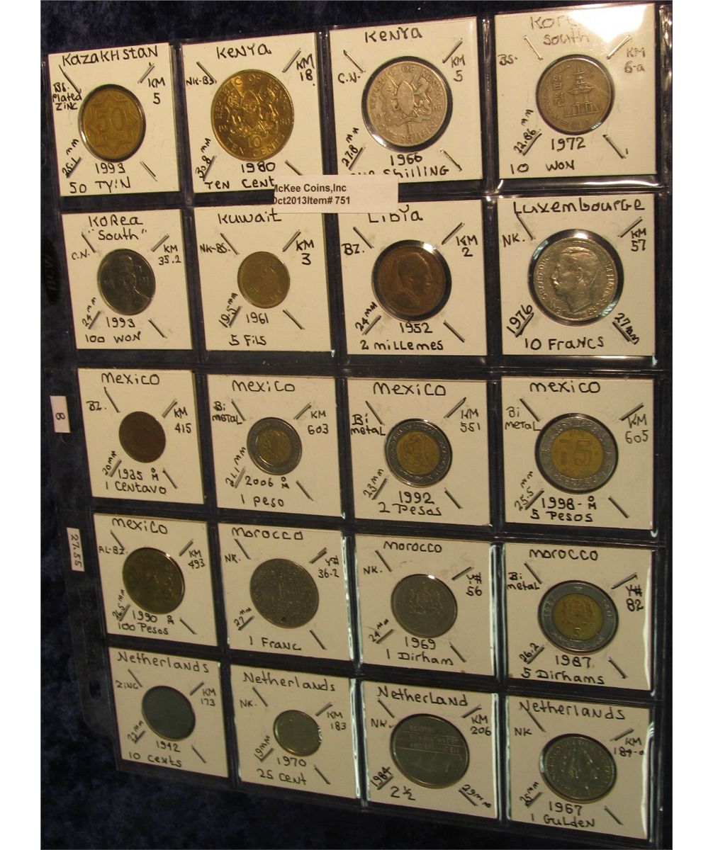 751. (20) World Country Coins in 2" by 2"s. Including Kazakhstan, Kenya ...
