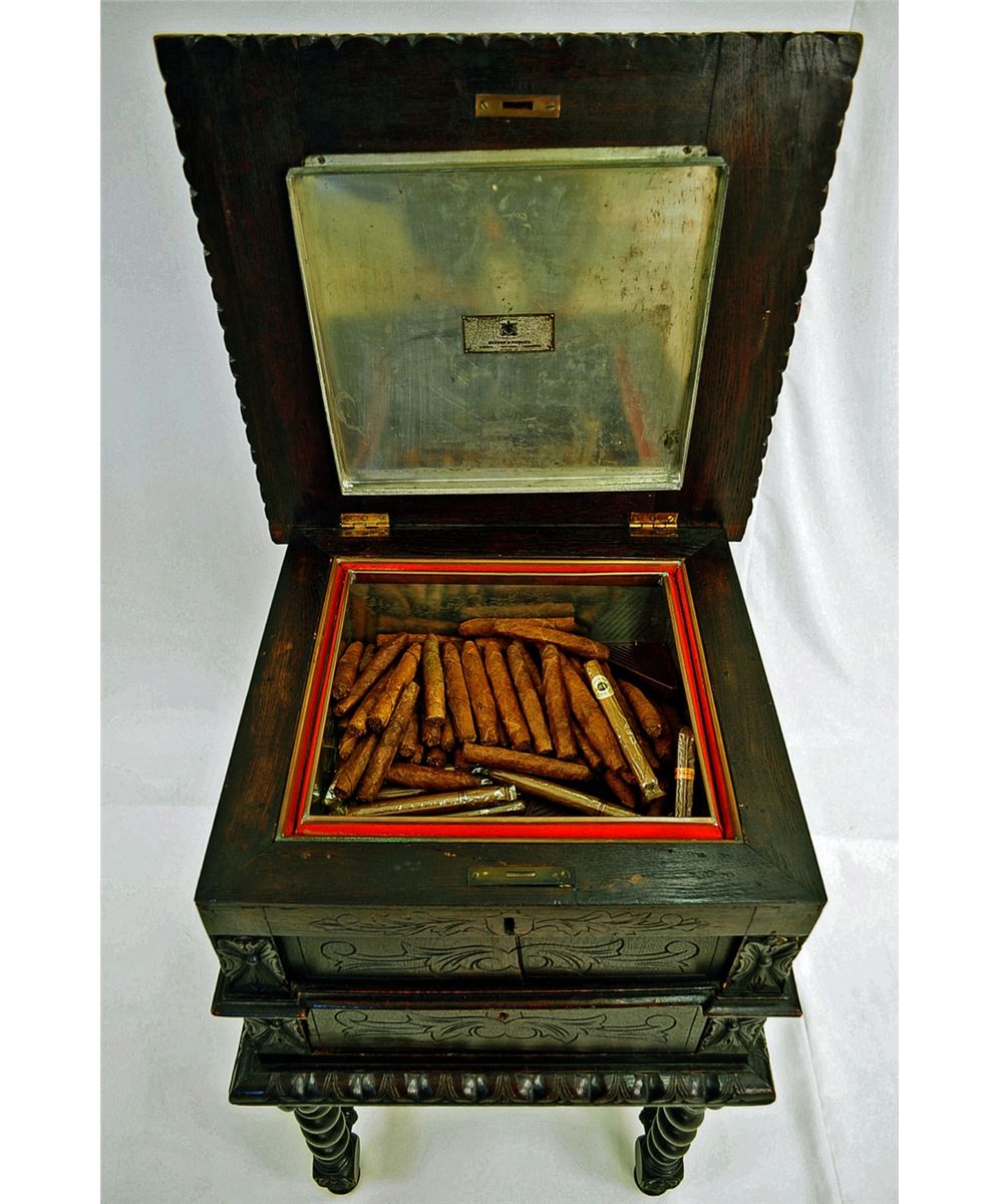 Antique Oak Carved Tobacco Humidor on Stand