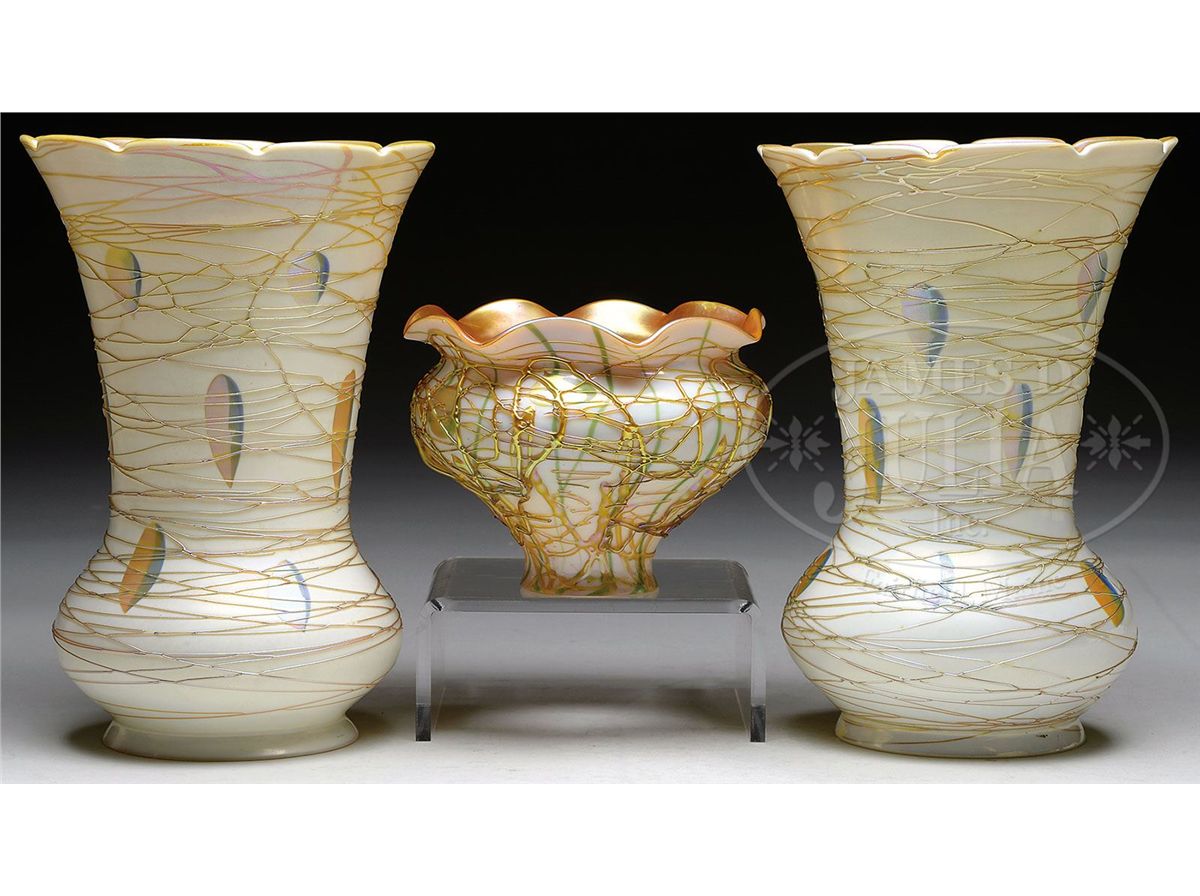 THREE THREADED ART GLASS SHADES.