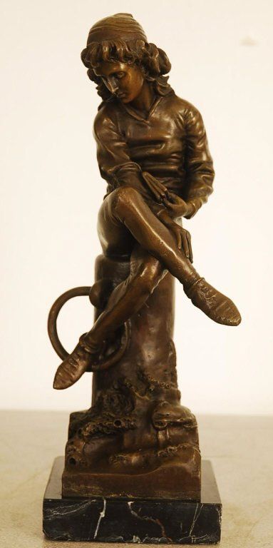 Bronze Statue Boy w/ Legs Crossed Signed Bover