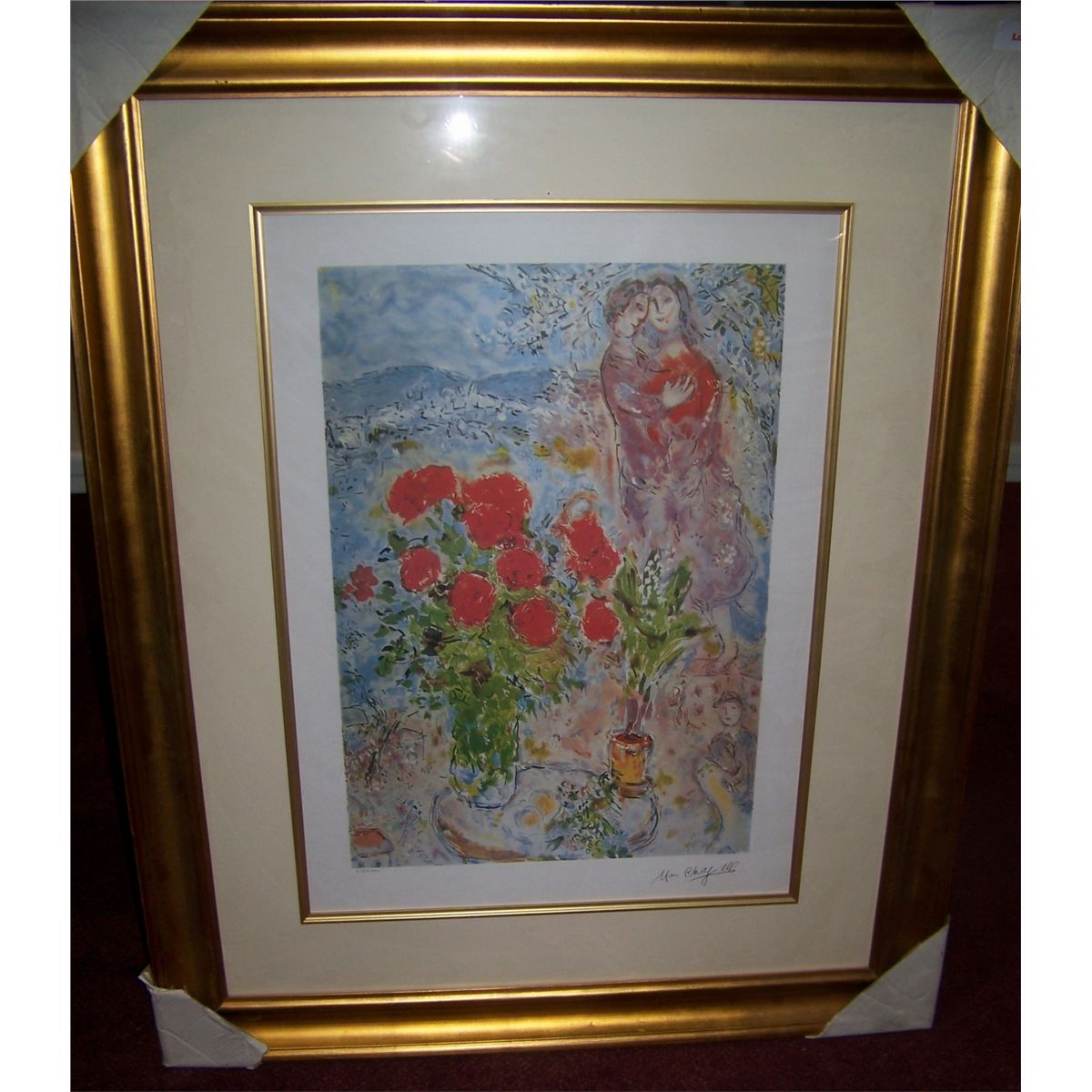 Marc Chagall Red Bouquet With Lovers W C O A Gallery Value 1 320