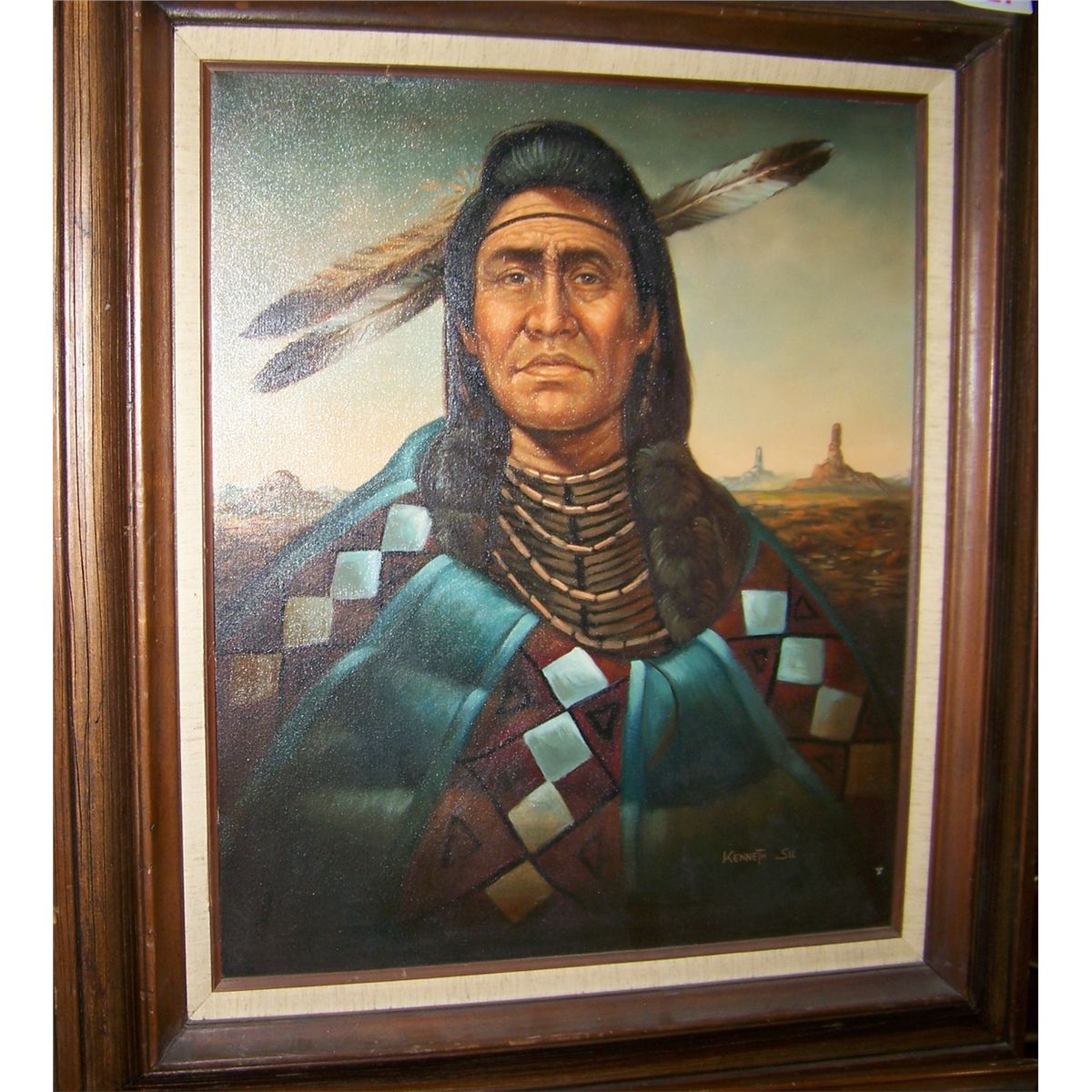 KENNETH SU ORIGINAL OIL ON CANVAS, PORTRAIT OF A PROUD INDIAN CHIEF ...