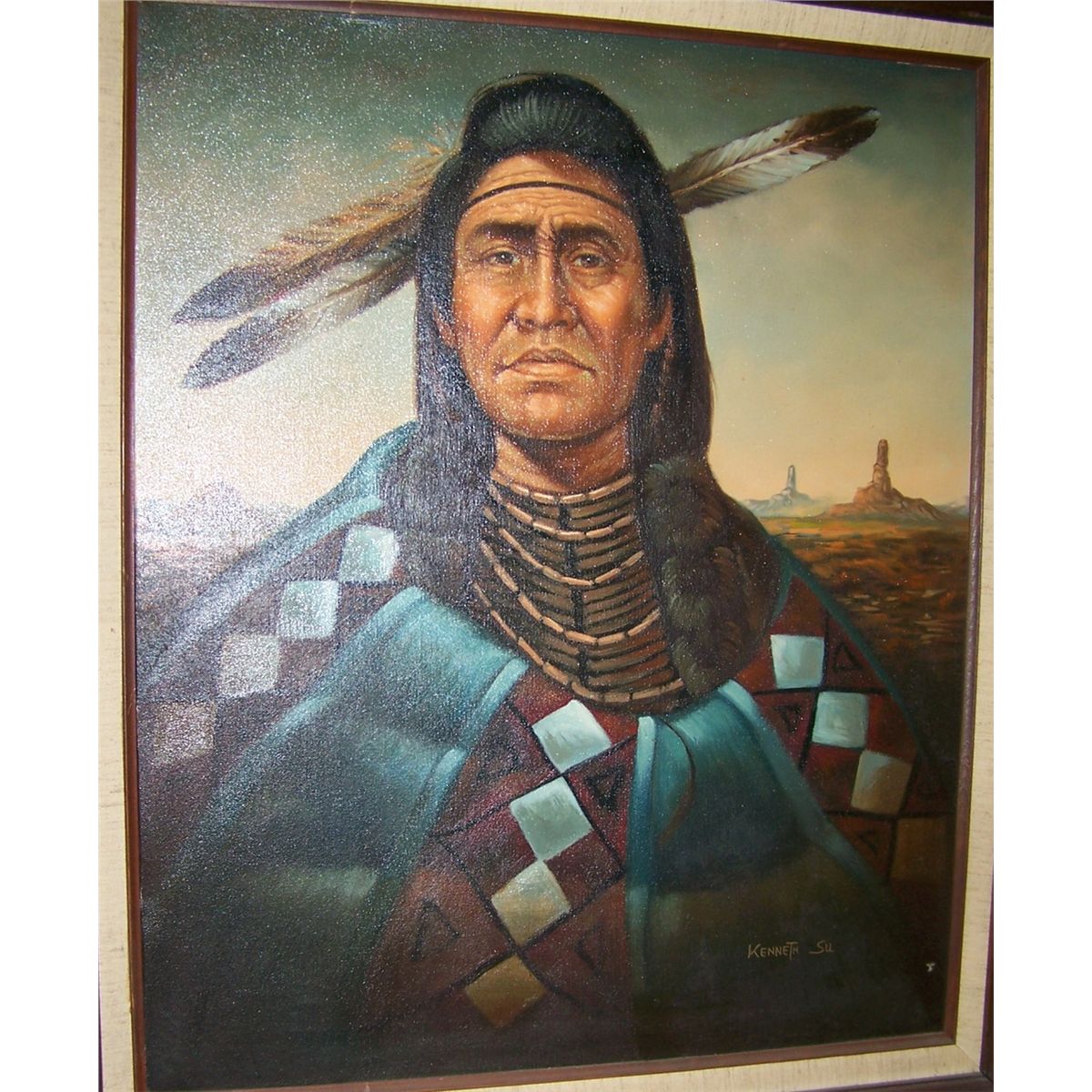 KENNETH SU ORIGINAL OIL ON CANVAS, PORTRAIT OF A PROUD INDIAN CHIEF ...