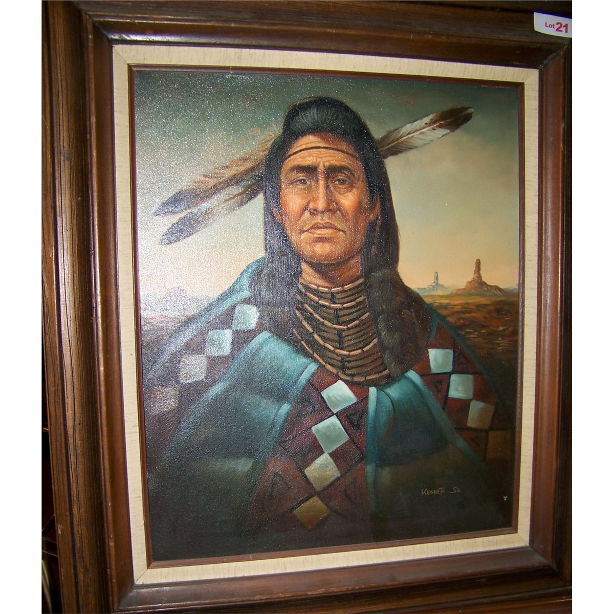KENNETH SU ORIGINAL OIL ON CANVAS, PORTRAIT OF A PROUD INDIAN CHIEF ...
