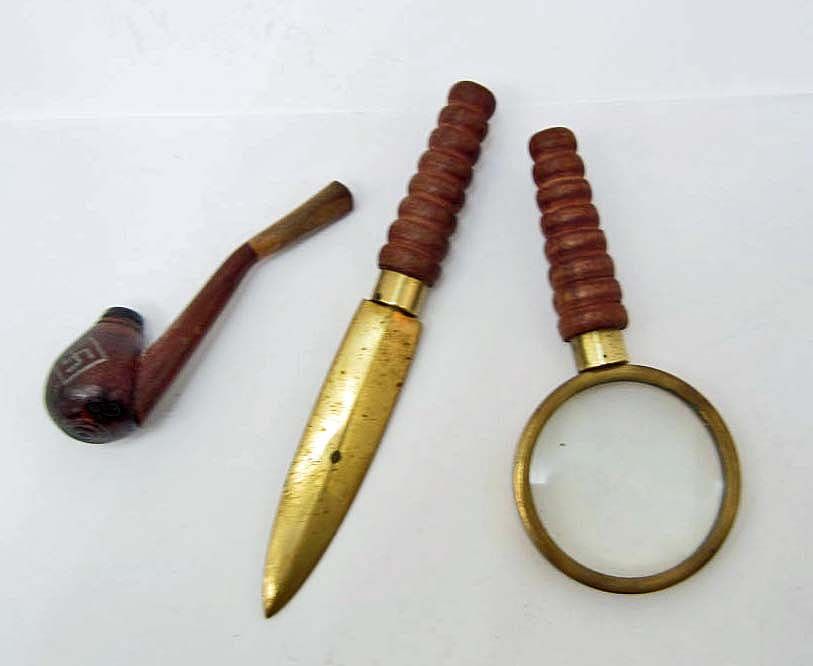 LOT OF 3 GERMAN NAZI ITEMS - MAGNIFYING GLASS, LETTER OPENER & PIPE