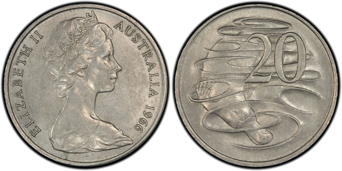 1966 Australian Wavy Baseline Twenty Cent - PCGS AU 58