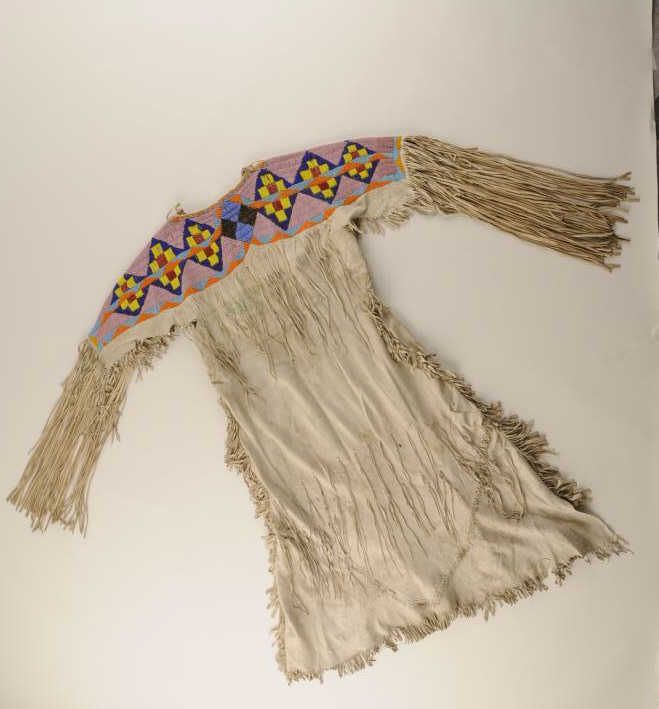 Cree ceremonial or wedding dress showing ornately beaded yoke and ...