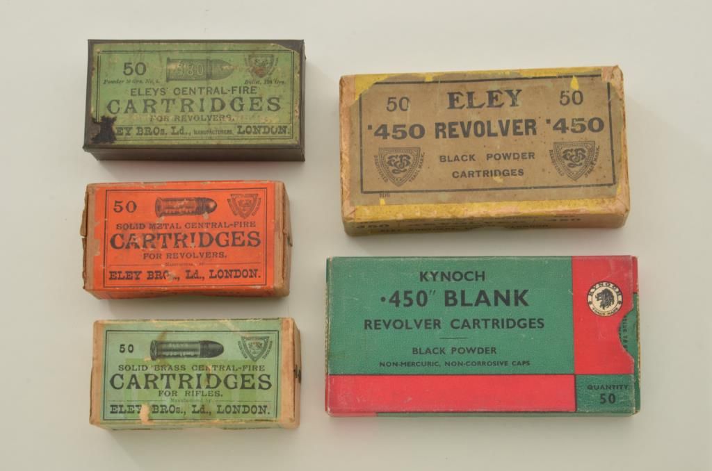 Lot of 5 boxes of collectible cartridges including full boxes of Kynoch ...