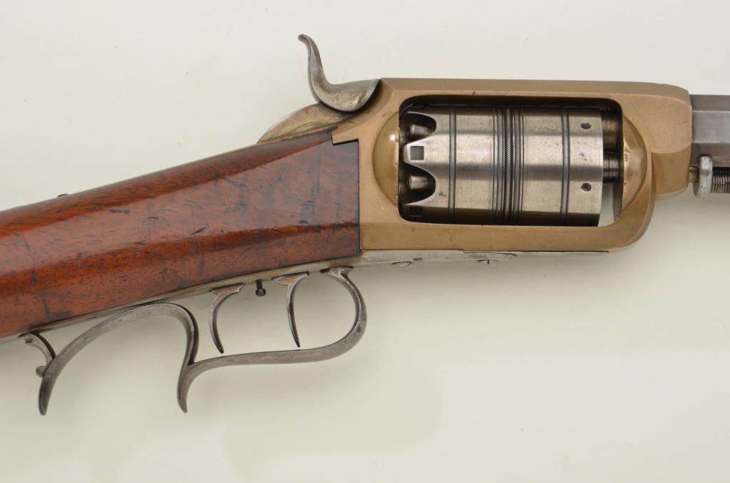 Possibly unique percussion revolving percussion rifle with brass frame ...