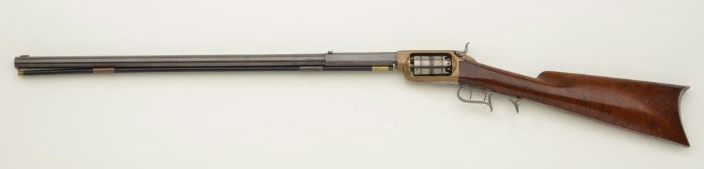 Possibly unique percussion revolving percussion rifle with brass frame ...