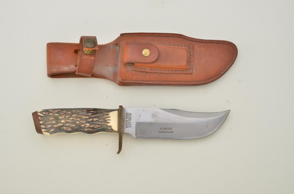 Schrade faux stag grip large modern clip point knife with sheath and ...