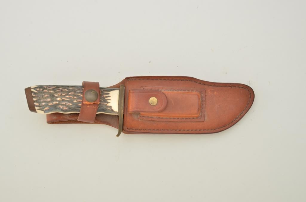 Schrade faux stag grip large modern clip point knife with sheath and ...
