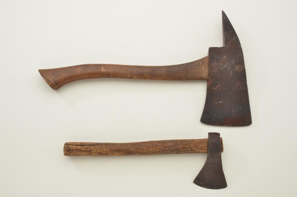 Lot consisting of one old fire axe with original stickers on shaft and ...