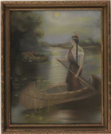 Chalk drawing of Indian maiden in the moonlight in vintage frame circa ...