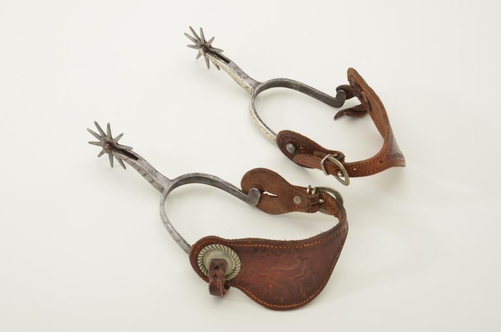 Pair of Buermann silver inlaid chevron spurs with double mounted tooled ...