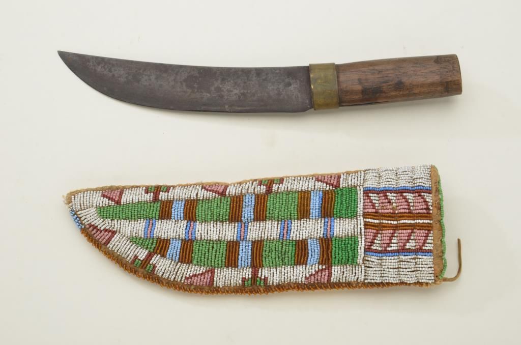 Sioux beaded heavy hide knife sheath with old trade knife; the knife ...