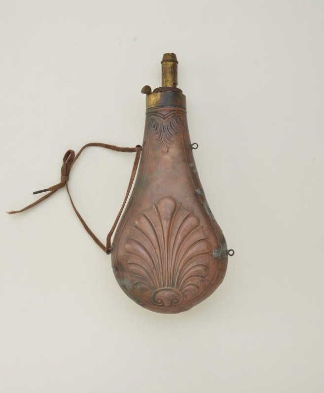 Lot of 5 misc. powder flasks; 4 antique and one older reproduction ...