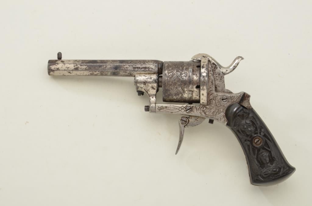 Antique engraved folding trigger pinfire revolver, 7mm cal., 3-1/4 ...