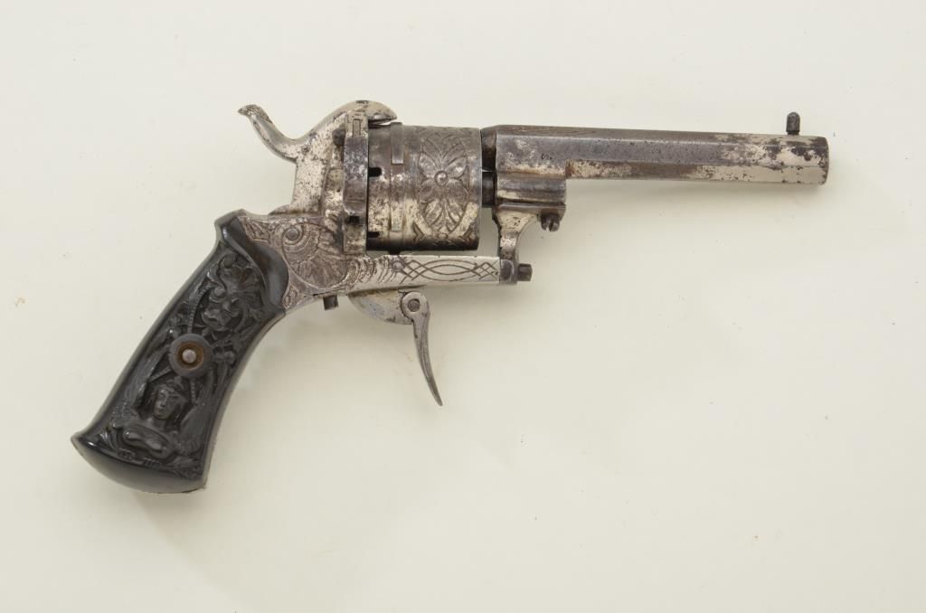 Antique engraved folding trigger pinfire revolver, 7mm cal., 3-1/4 ...