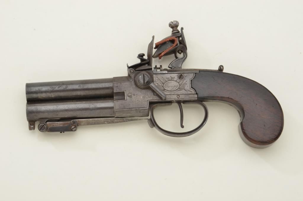 Flintlock center hammer tap-action two shot over and under pistol with ...